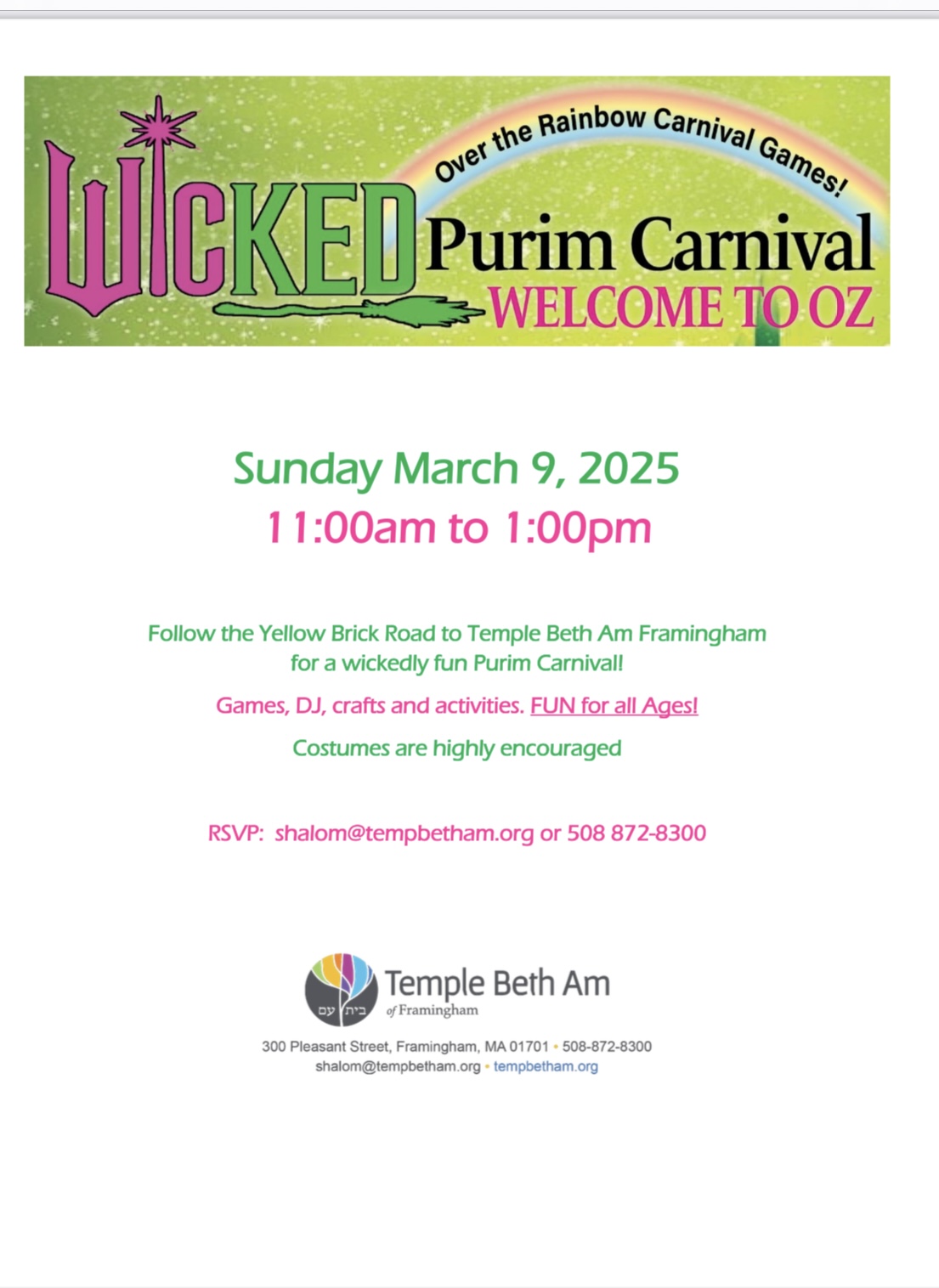 A Wicked Purim Carnival at Temple Beth Am Framingham - Framingham Source